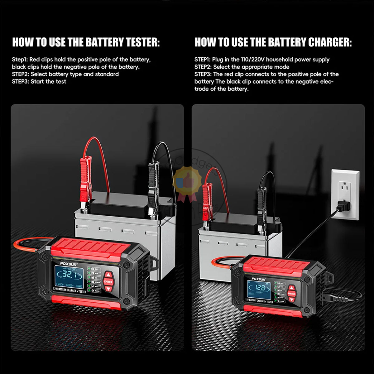 Foxsur Car Battery Charger 12V 6A FTC-1206 Motorcycle Truck AGM LiFePO4 Lead Acid Batteries ...