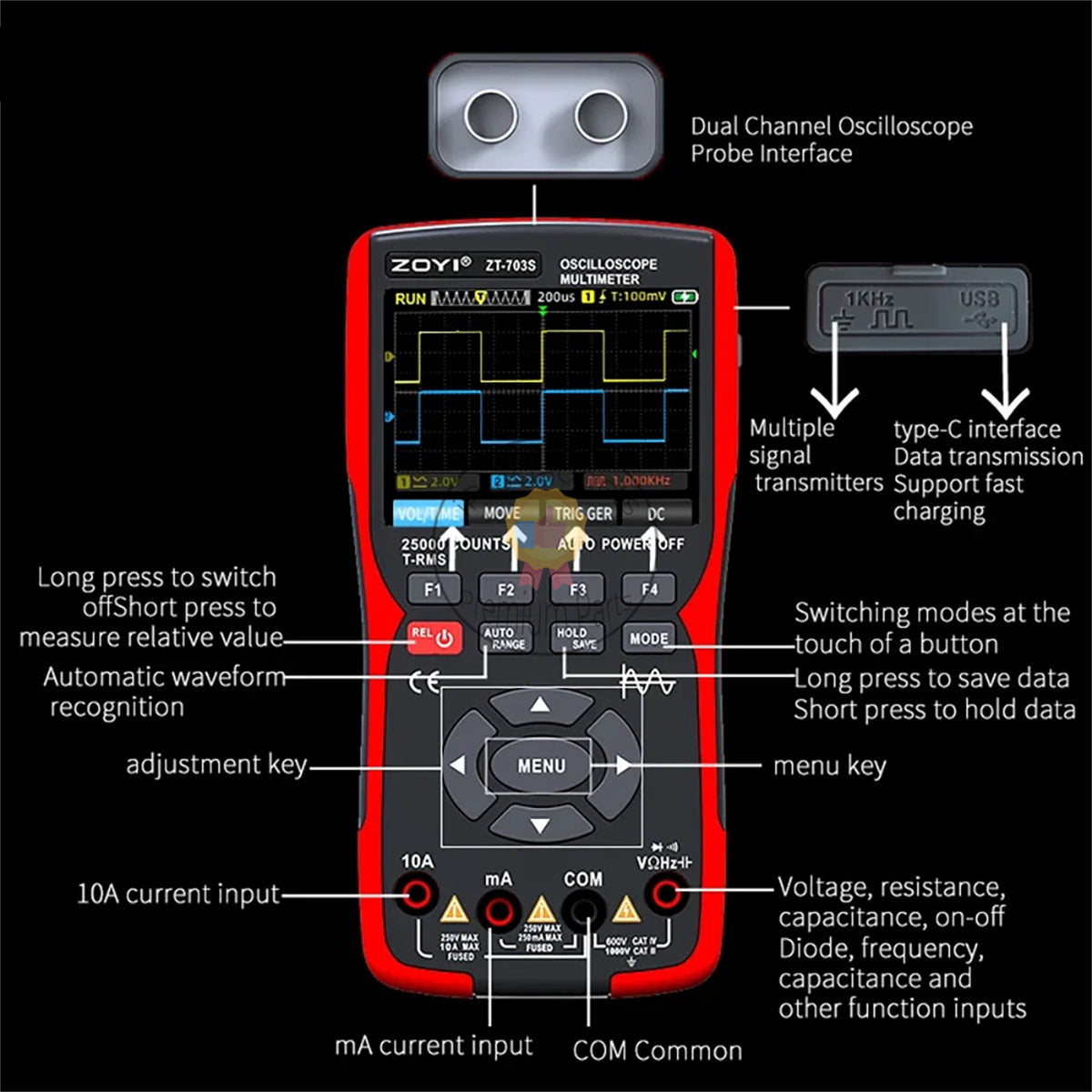 Zoyi Dual-Channel Oscilloscope ZT-703S Multifunction Multimeter Signal ...
